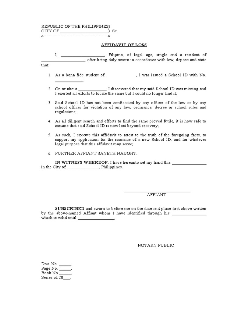 Affidavit of Loss of School ID | PDF