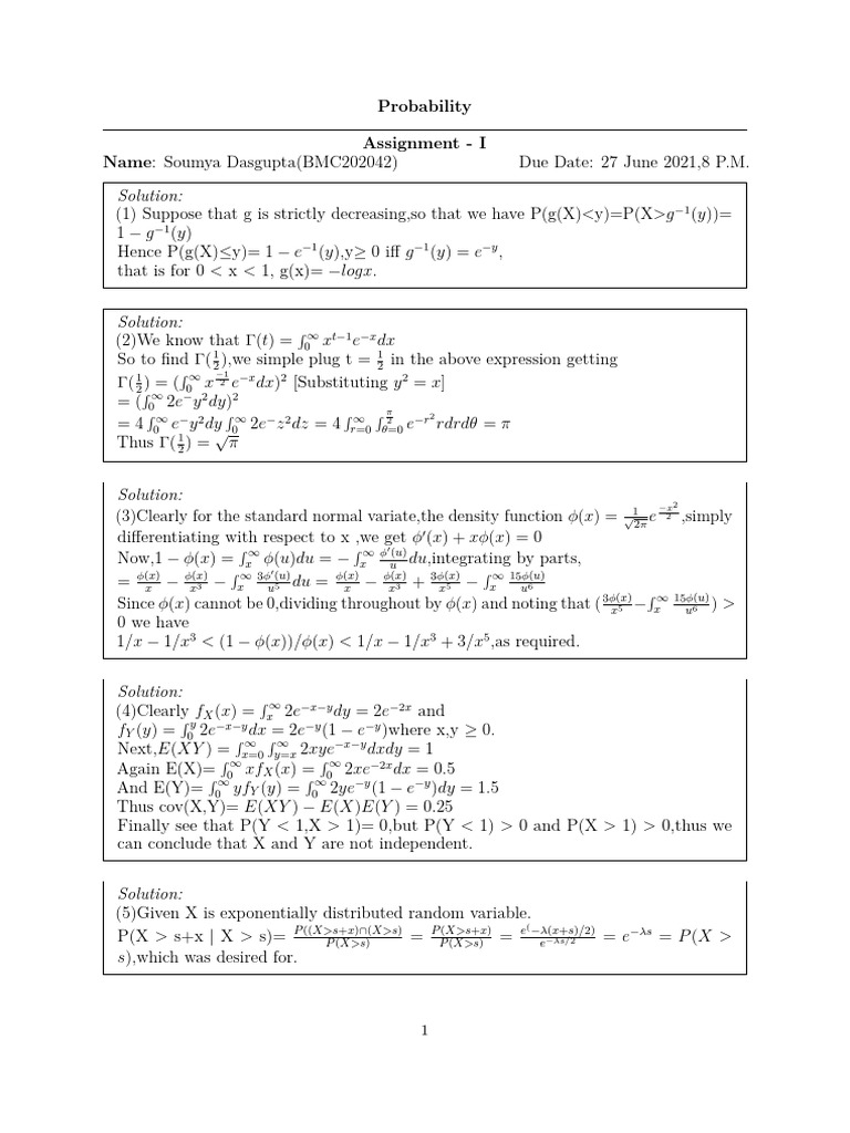 Probability Assignment Solutions | PDF | Probability Theory | Analysis