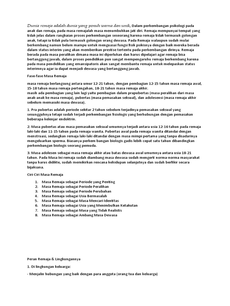 Dunia Remaja Adalah Dunia Yang Penuh Warna Dan Unik | PDF