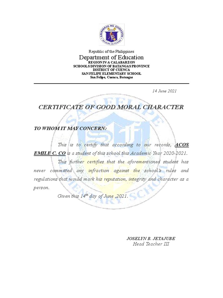 Certificate of Good Moral Character | PDF