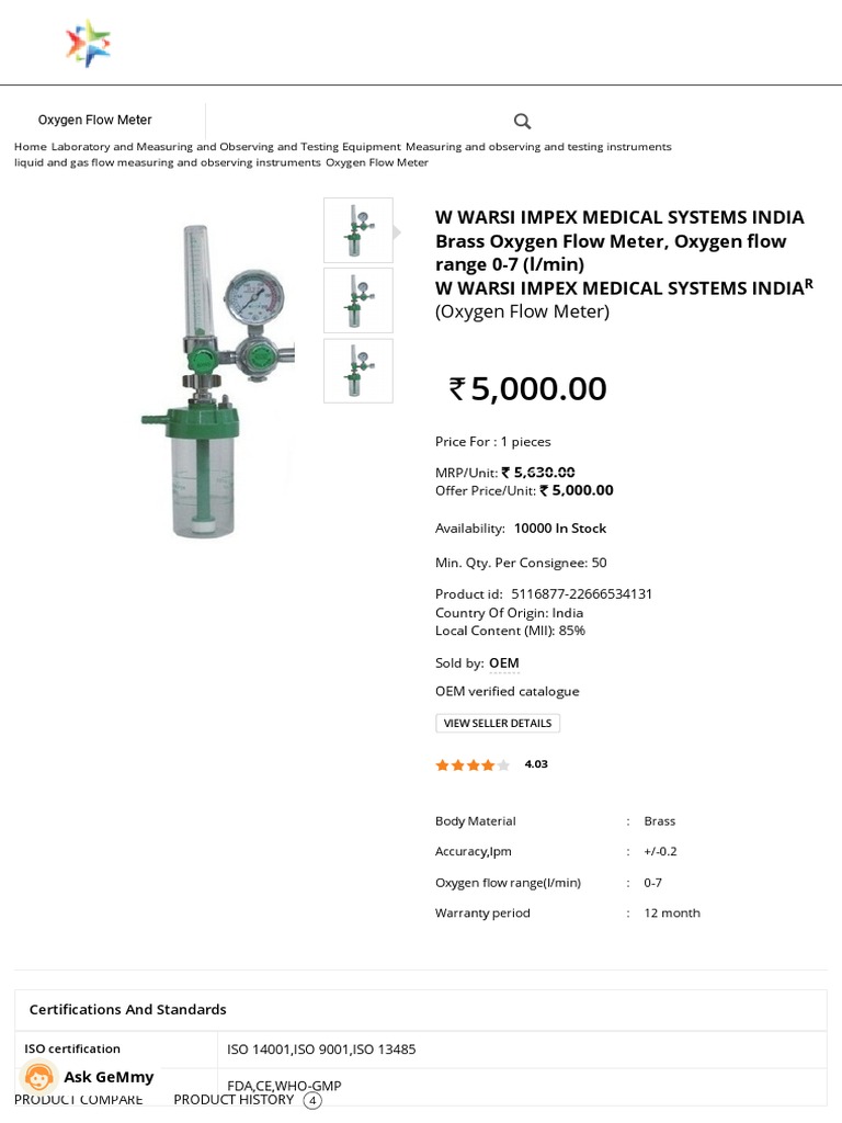 Buy W WARSI IMPEX MEDICAL SYSTEMS INDIA Brass Oxygen Flow Meter, Oxygen ...