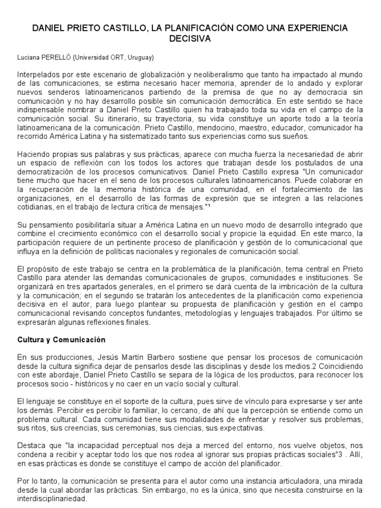 Daniel Prieto Castillo, La Planificación Como Una Experiencia Decisiva | PDF | Comunicación ...