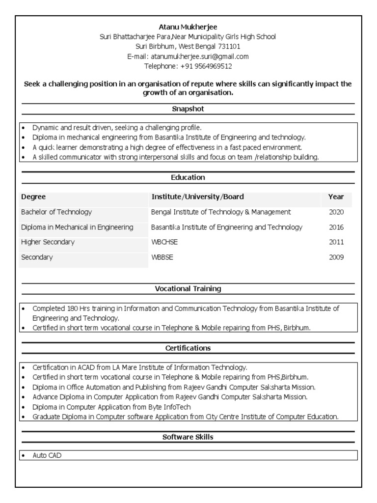 CV Format | PDF | Diploma | Vocational Education
