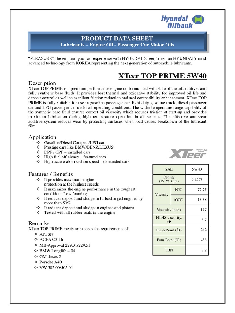 XTeer TOP PRIME 5W40 (Updated) | PDF | Motor Oil | Vehicle Technology