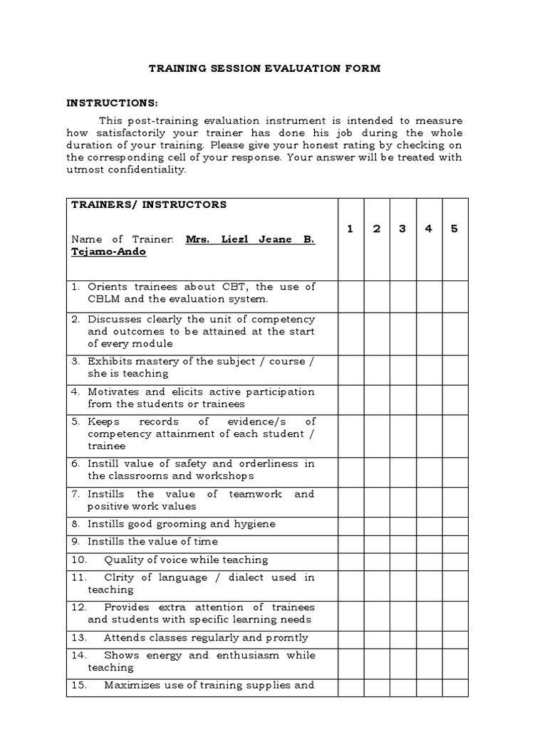 Training Session Evaluation Form Instructions | Download Free PDF ...