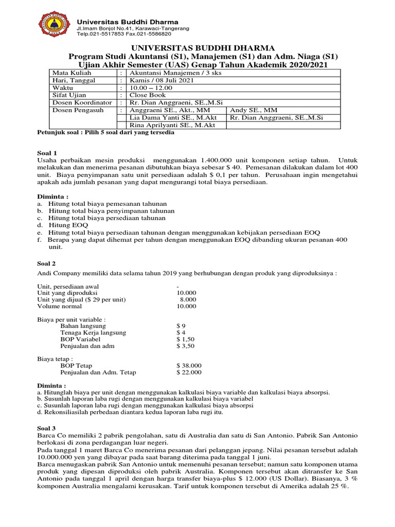 UAS - Akuntansi Manajemen 10.00 | PDF | Bisnis
