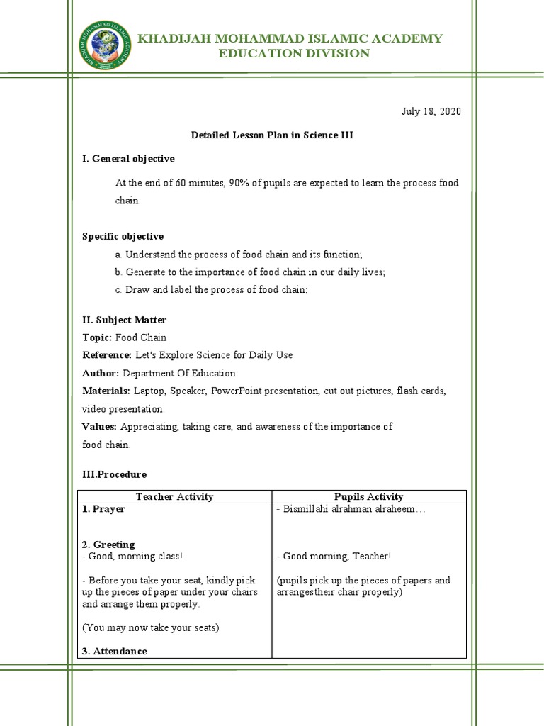 Grade 3 Food Chain Lesson Plan | PDF | Ecology | Biology