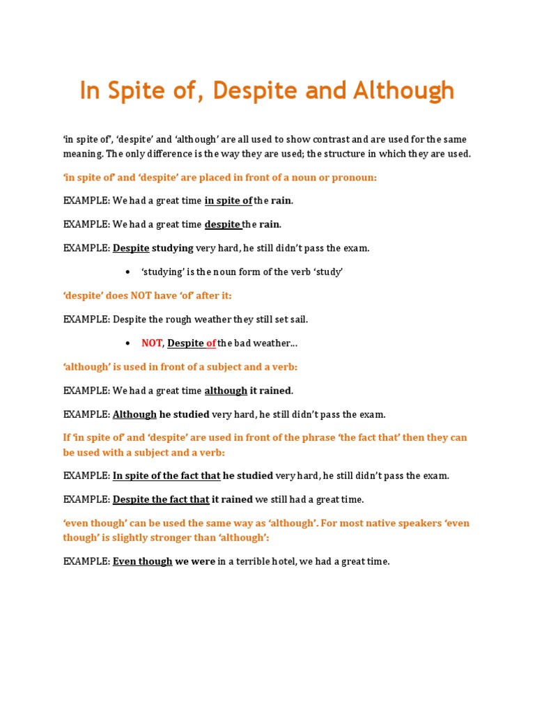 Despite and Although Exercise | PDF | Verb | Subject (Grammar)