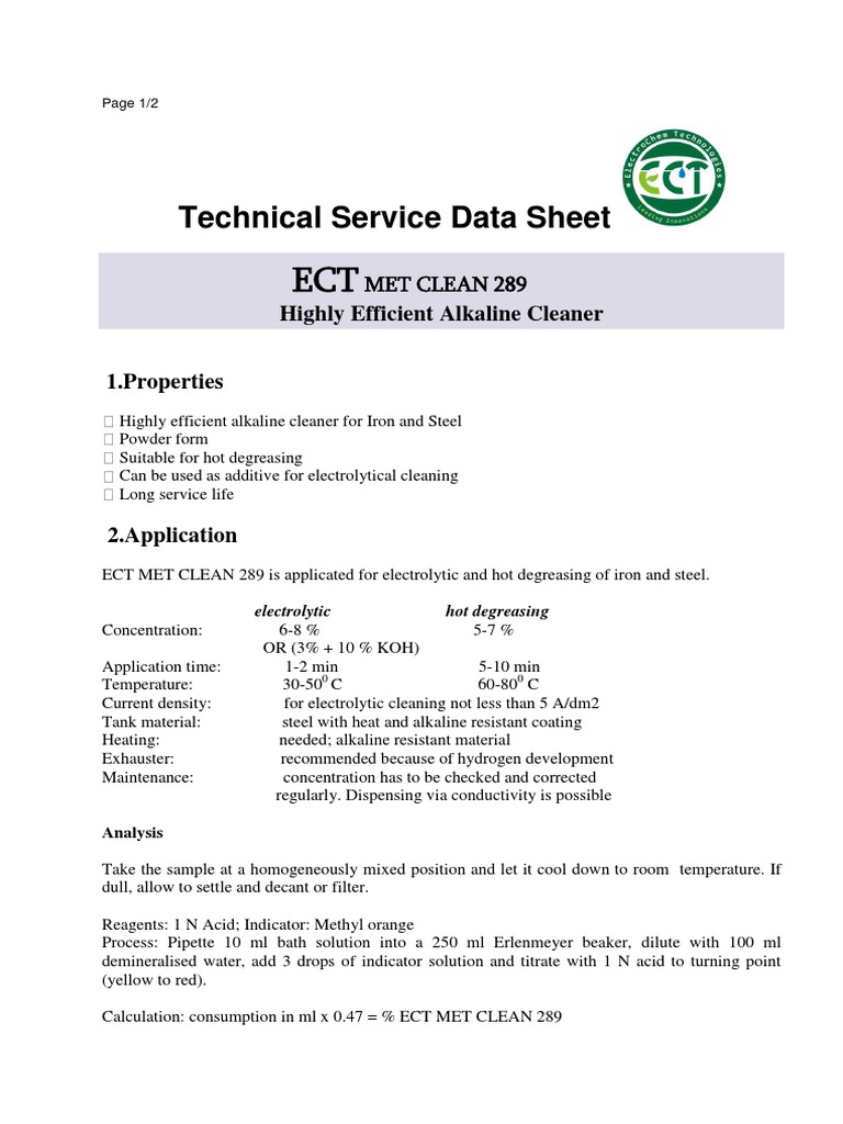 Technical Service Data Sheet: Met Clean 289 | PDF