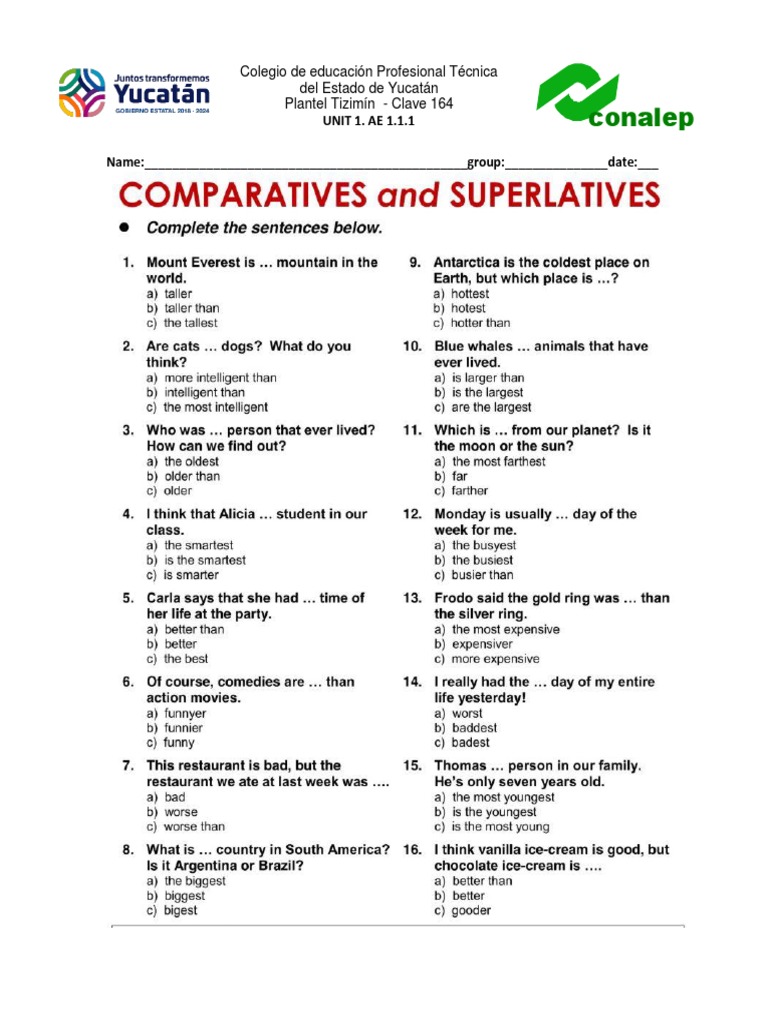 Tarea 6. Ejercicios Comparativos y Superlativos | PDF