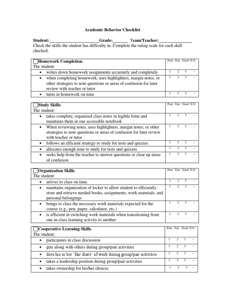 Academic Behavior Checklist Student: Grade:: Poor Fair Good N.O | PDF ...