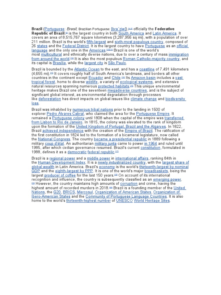 Brazil (Republic of Brazil,: Brazilian Portuguese | PDF | South America ...