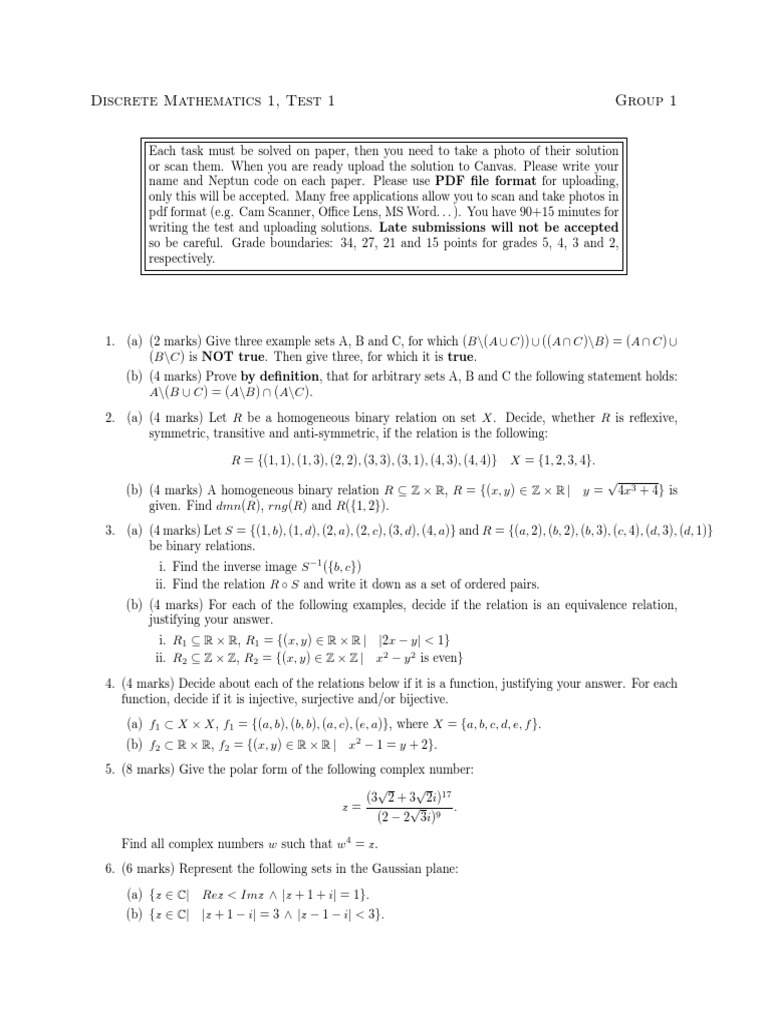 Discrete Mathematics 1, Test 1 Group 1 | PDF | Function (Mathematics ...