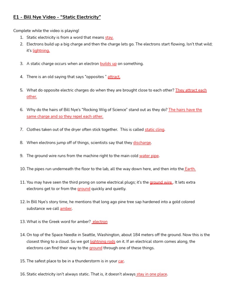 E1 - Bill Nye Static Electricity Worksheet - Notes | PDF