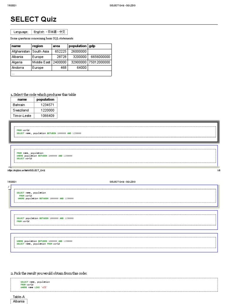 Select Quiz - Sqlzoo | PDF | Databases | Information Technology