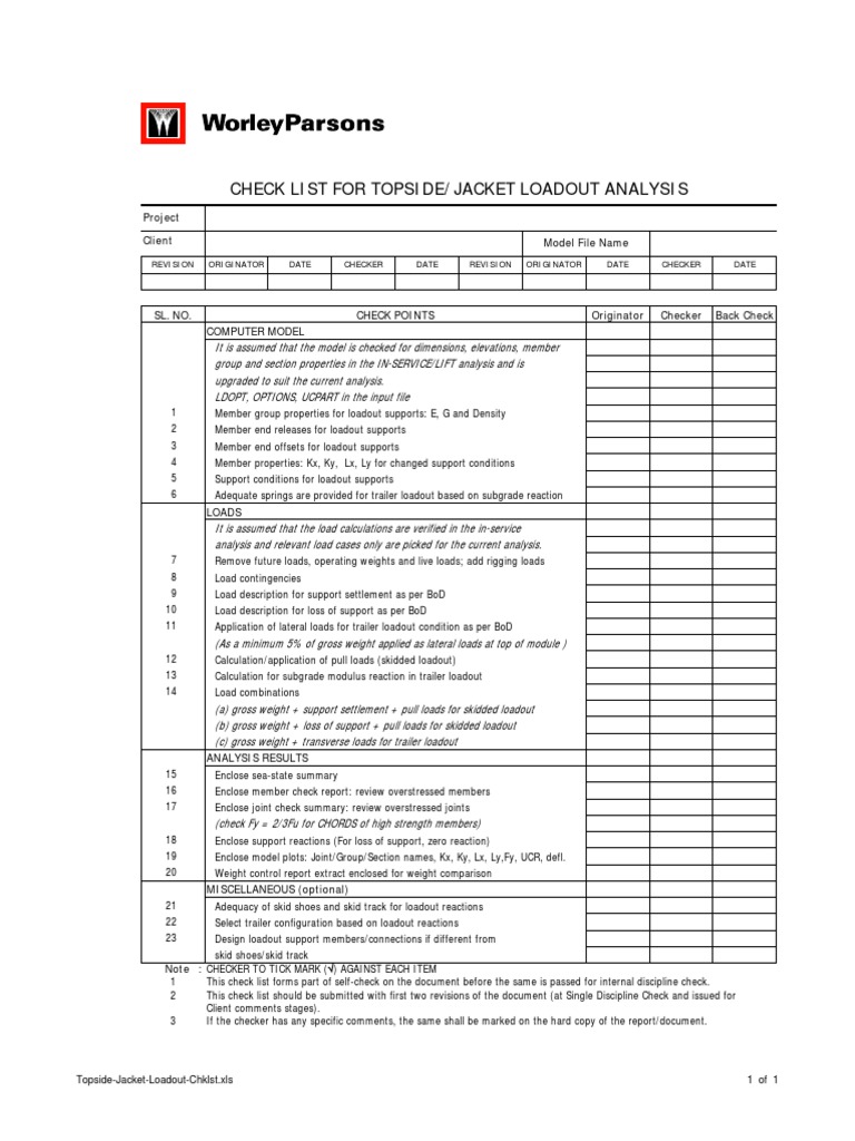 Check List For Topside/Jacket Loadout Analysis: Project Client Model ...
