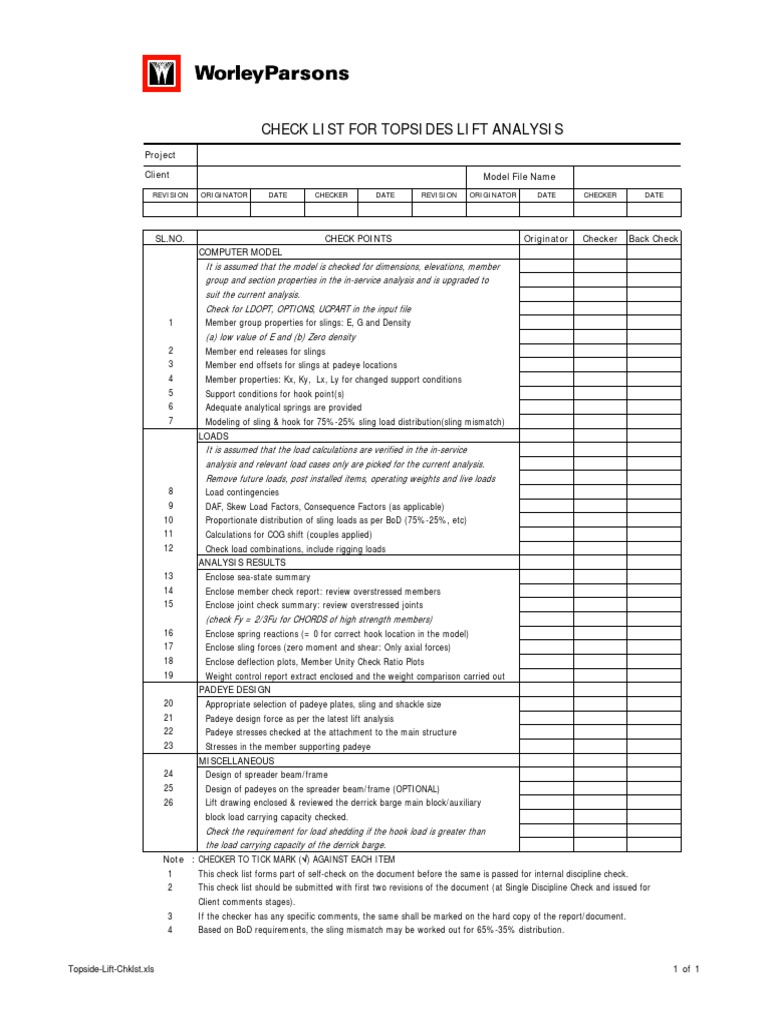 Check List For Topsides Lift Analysis: Project Client Model File Name ...