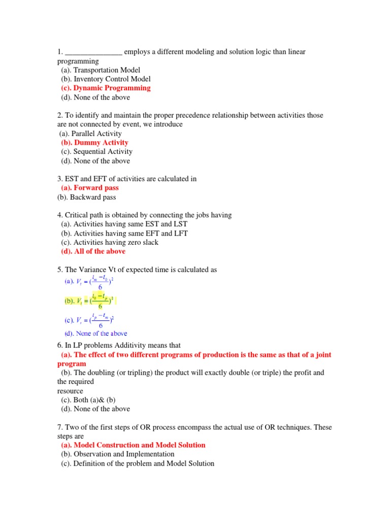 Multiple Choice Questions on Operations Research Techniques | PDF | Loss Function | Linear ...