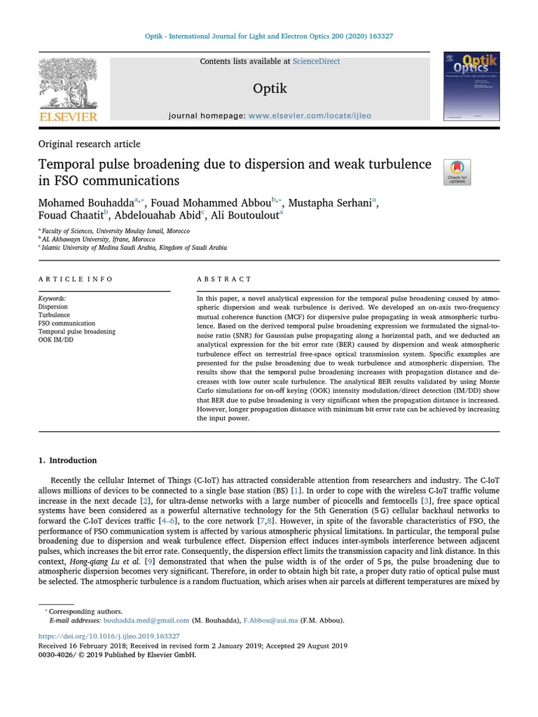 Temporal Pulse Broadening Due To Dispersion and Weak Turbulence in FSO ...