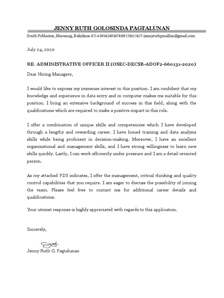 Cover letter for administrative officer store