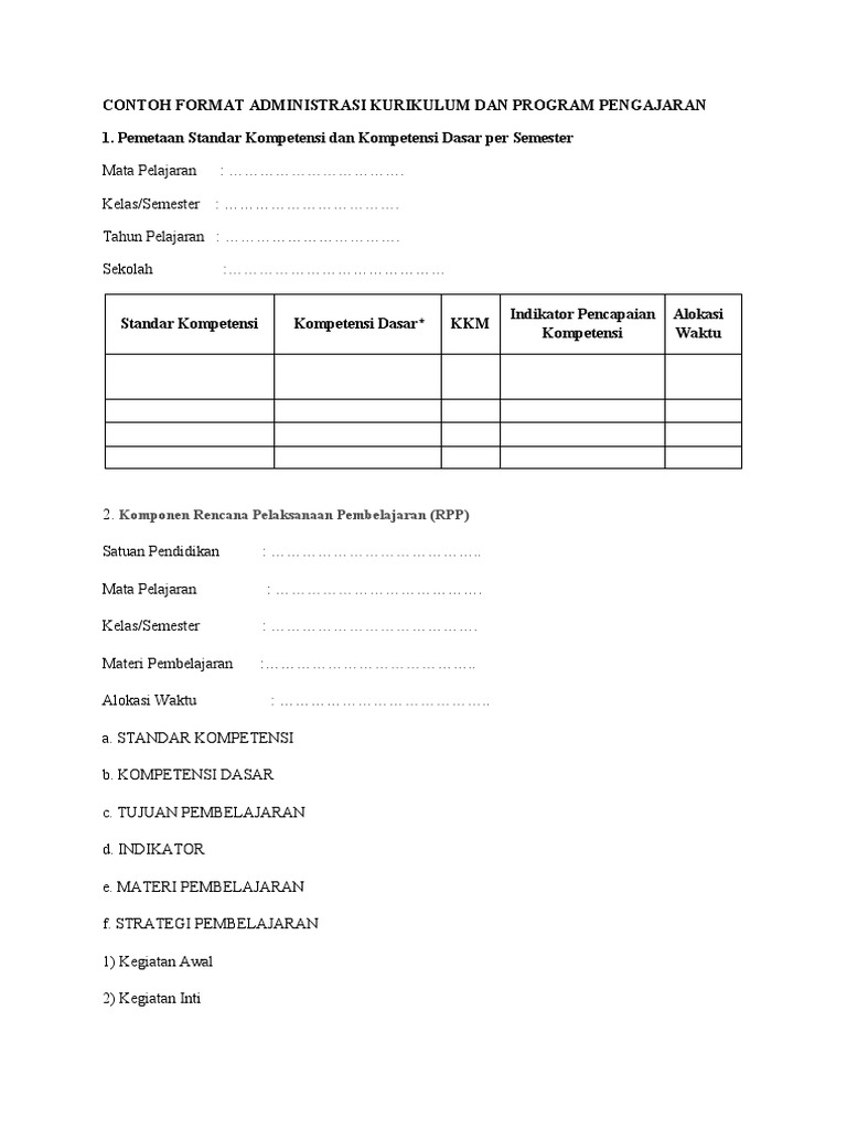 Contoh Format Administrasi Kurikulum Dan Program Pengajaran | PDF