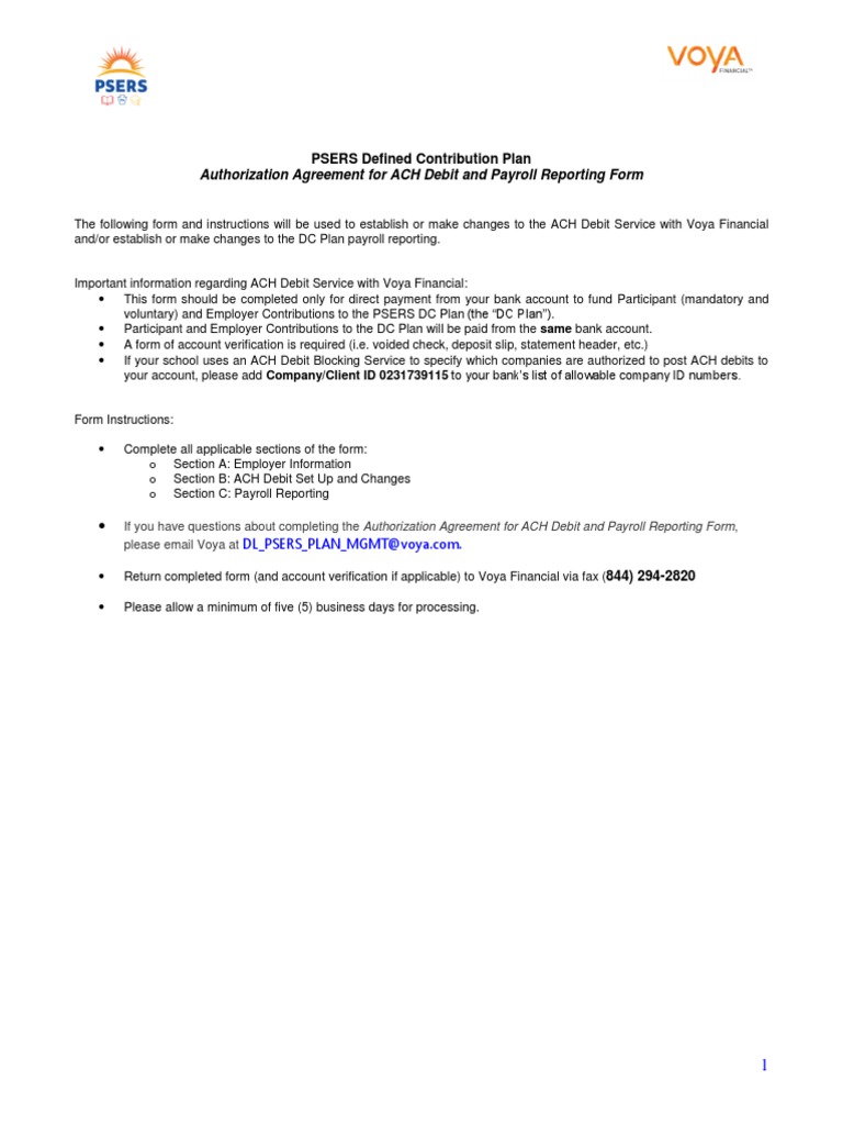 Authorization Agreement For ACH Debit and Payroll Reporting Form | PDF ...