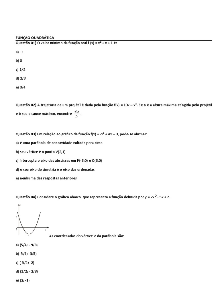 Funções Quadráticas Exercícios Resolvidos Com Gabarito Pdf Ensino
