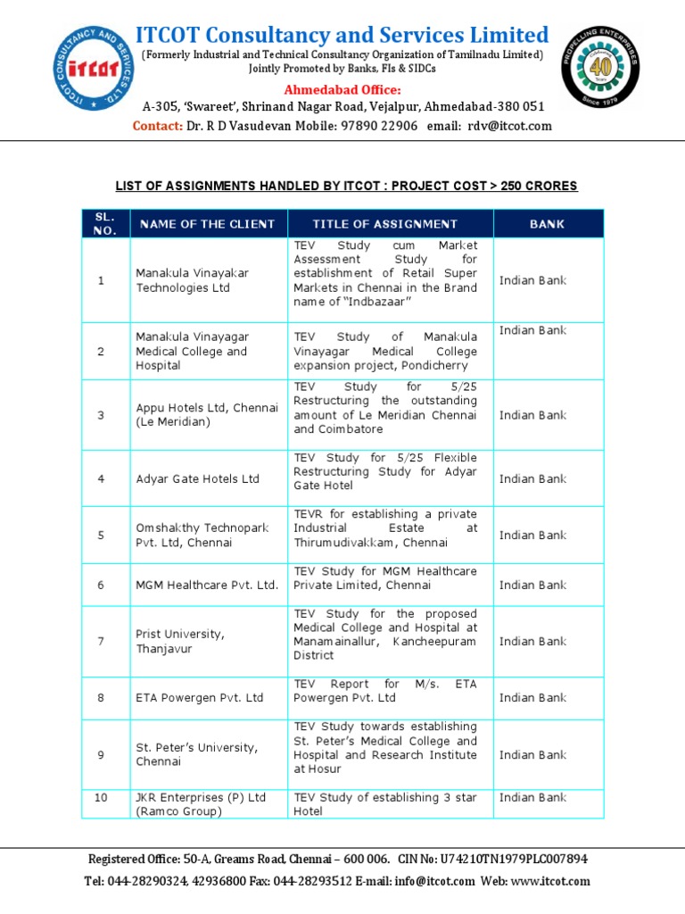 List of TEV-LIE Assignments Handled by ITCOT For Banks | PDF | Tamil Nadu | Business