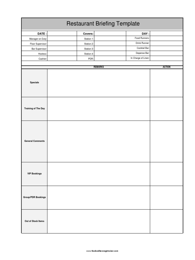 Daily Restaurant Briefing Template | PDF