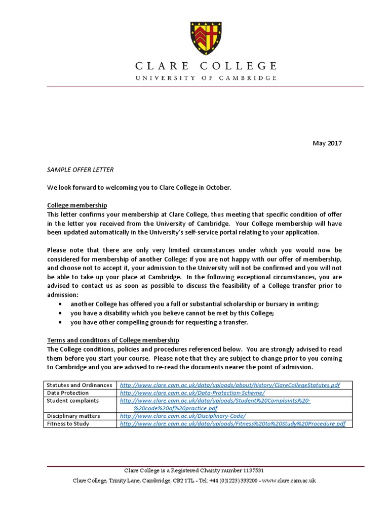 Sample Offer Letter 2017 | PDF | University Of Cambridge | Fee