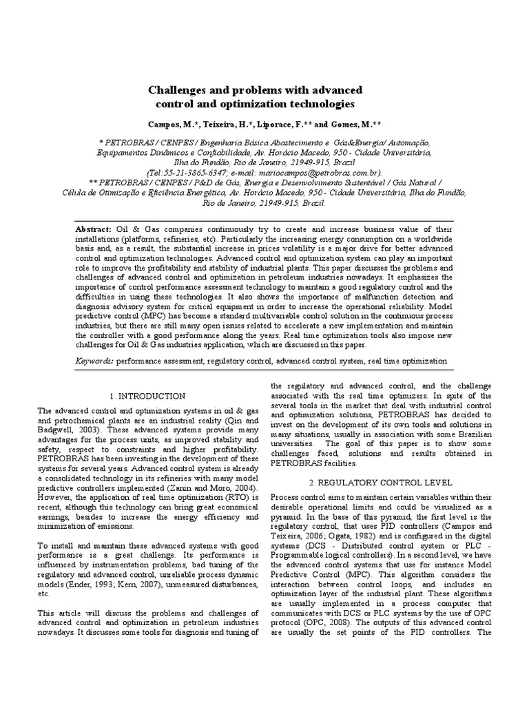 Challenges and Problems With Advanced Control and Optimization ...