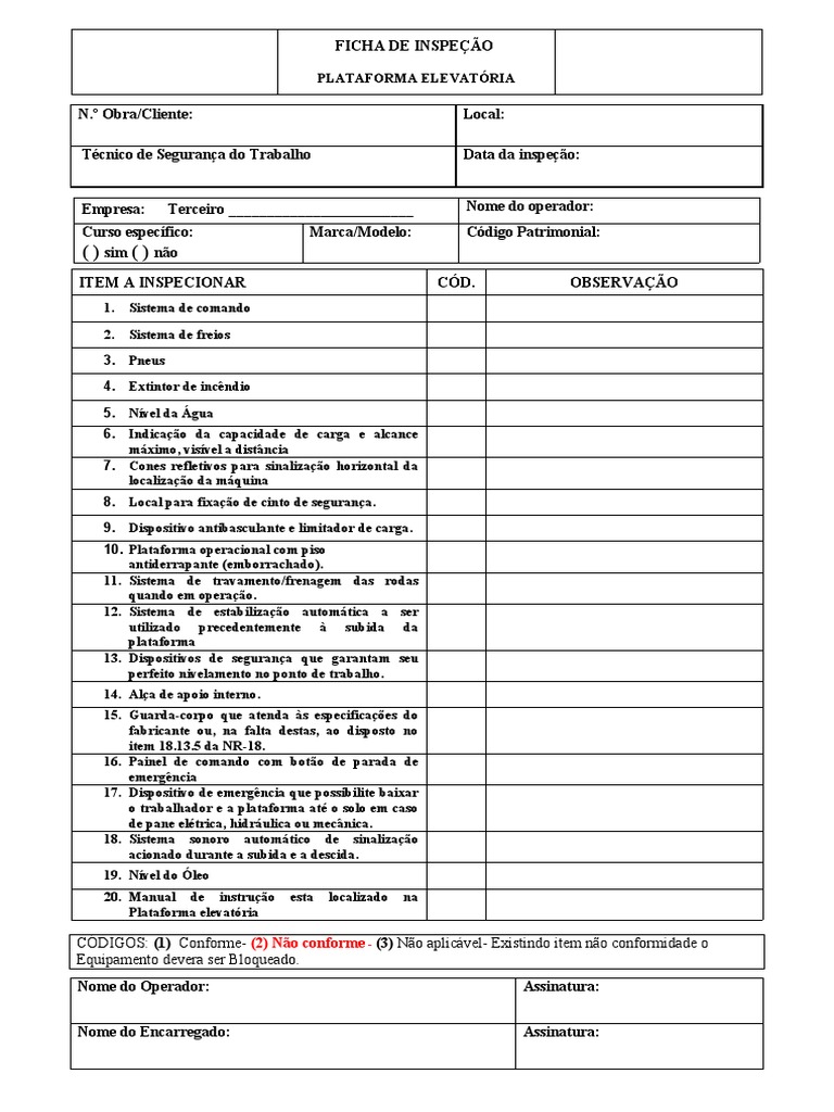 Check-List - Plataforma Elevatória | PDF
