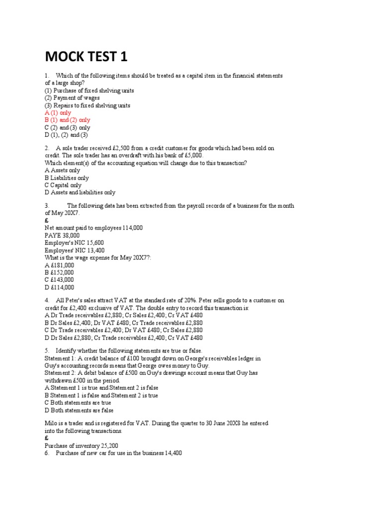 Mock Test 1 | PDF | Debits And Credits | Income Statement Mock Test 1 | PDF | Debits And Credits | Income Statement