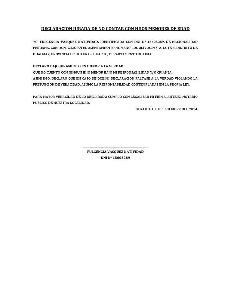 Declaracion Jurada de No Contar Con Hijos Menores de Edad | PDF