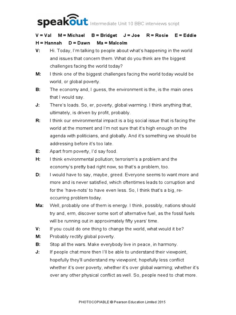 Intermediate Unit 10 BBC Interviews Script: PHOTOCOPIABLE © Pearson ...