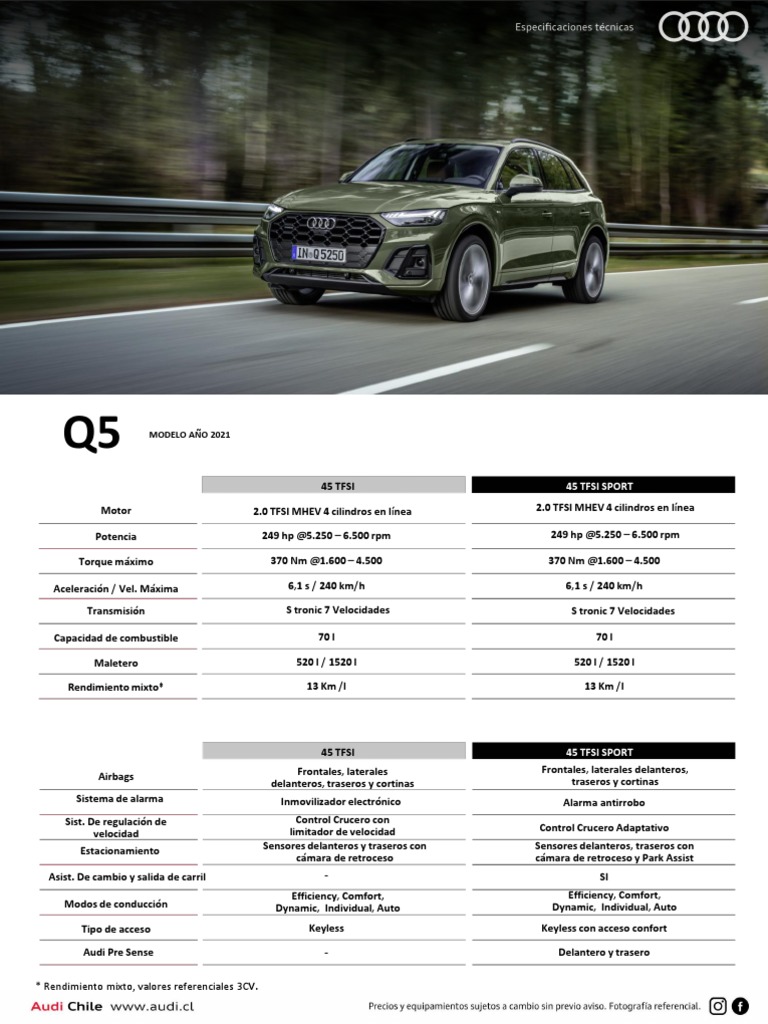Ficha Tecnica Q5 Audi 2021 V1 | PDF | Vehículos con tracción delantera | Vehículo de motor