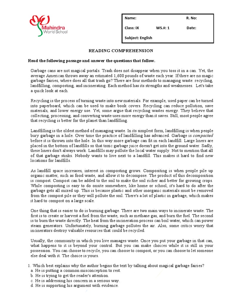 Grade IX Reading - Garbage Cans | PDF | Landfill | Waste