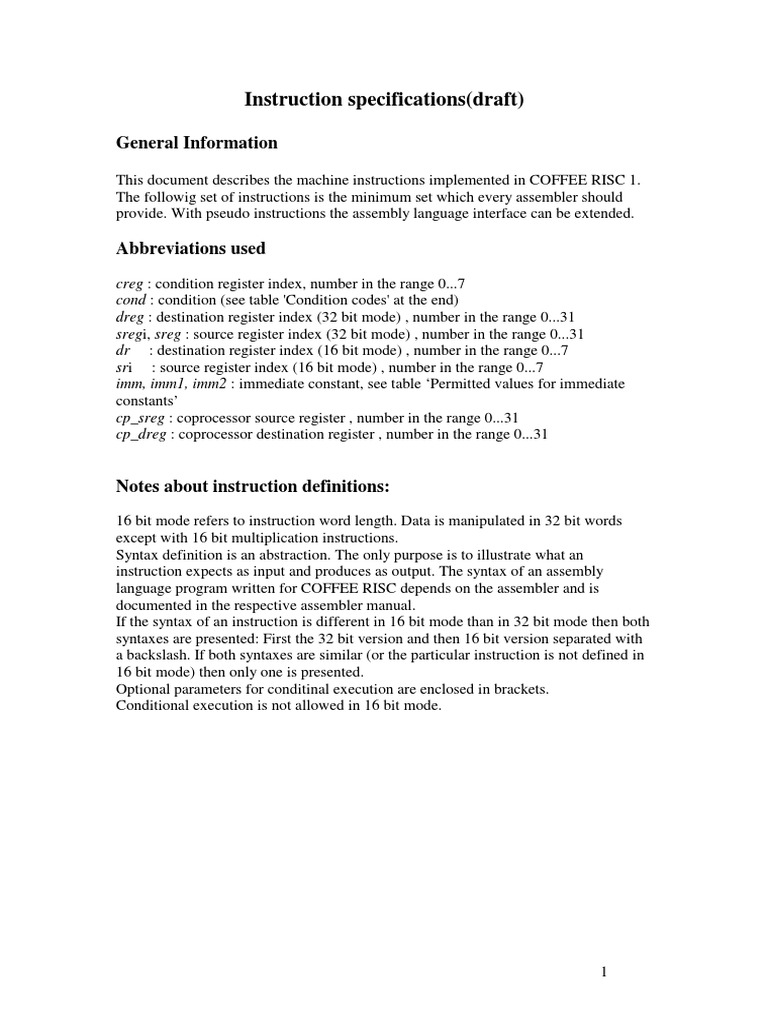 COFFEE Instruction Specifications | PDF | Assembly Language | Bit