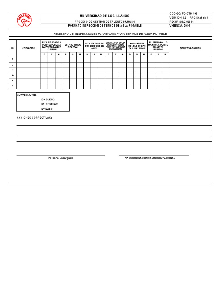 Fo-Gth-108 Formato Inspeccion Termos de Agua Potable | PDF Fo-Gth-108 Formato Inspeccion Termos de Agua Potable | PDF