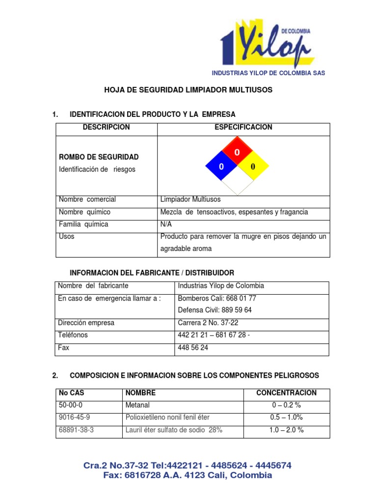 Hoja de Seguridad Limpiador Multiusos 2015 1 | PDF | Toxicidad | Residuos