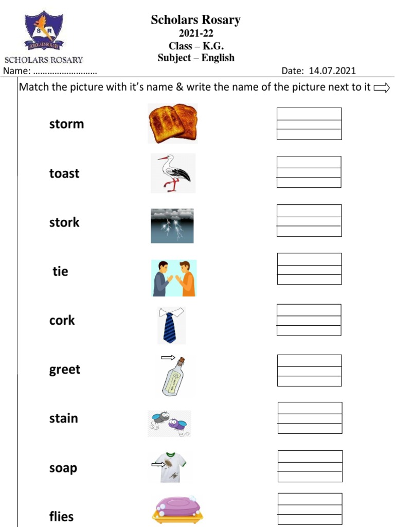 Match The Picture With Its Name & Write The Name of The Picture Next To ...