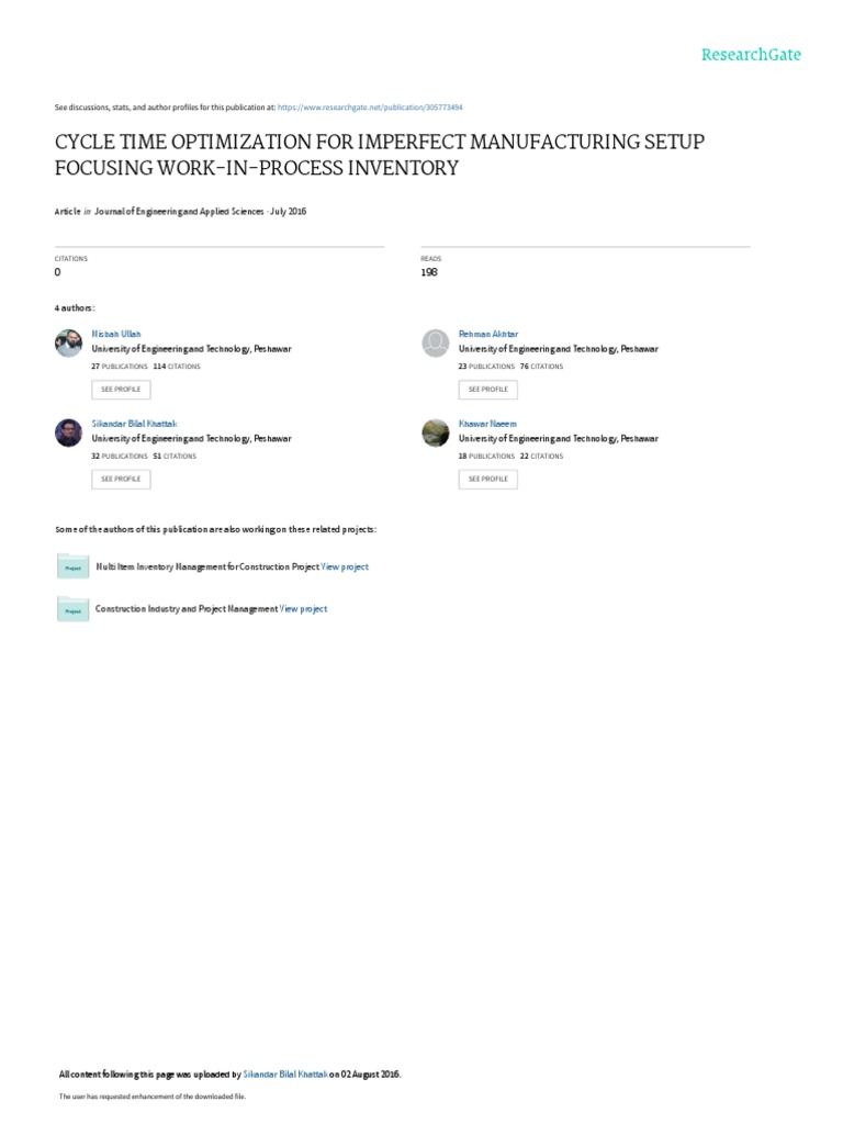 Cycle Time Optimization For Imperfect Manufacturing Setup Focusing Work ...