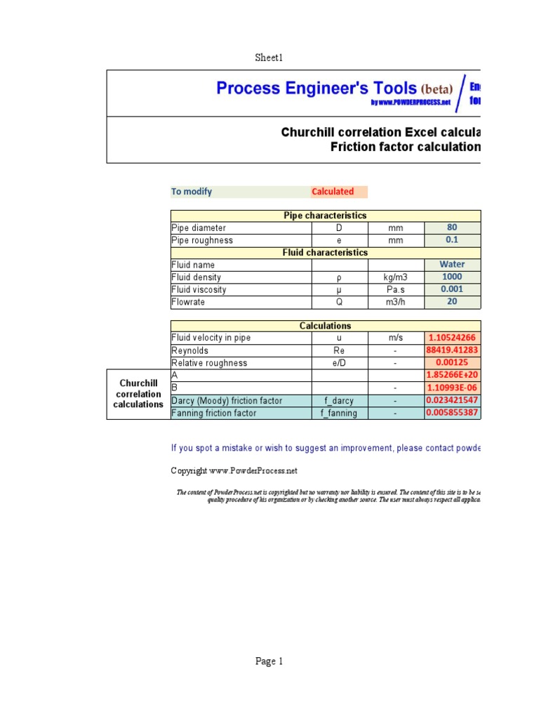 Churchill Correlation Excel Calculation Tool Friction Factor ...