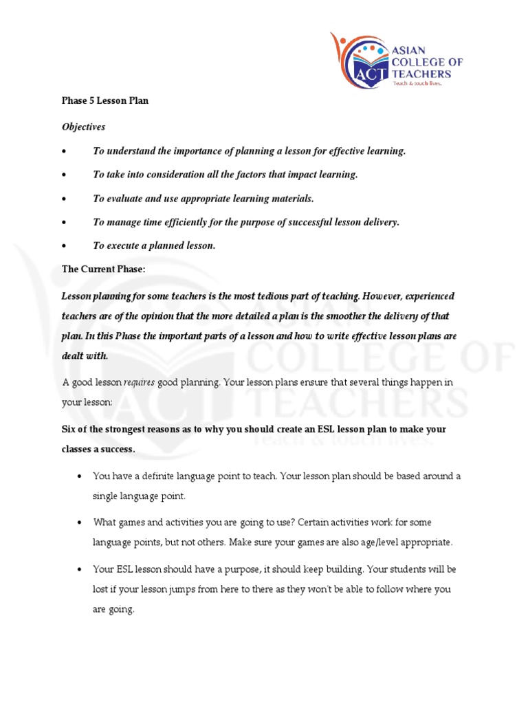 Phase 5 Tesol | PDF | Lesson Plan | English As A Second Or Foreign Language