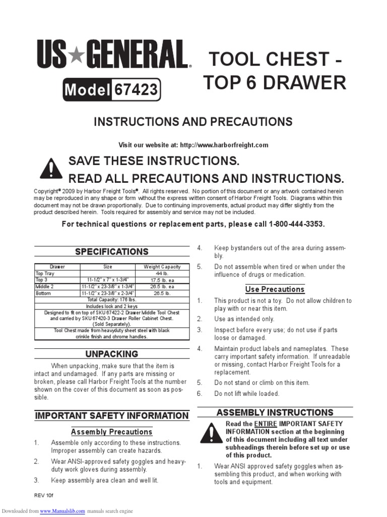 US General (Harbor Freight) 67423 Tool Chest User Manual (Mine) | PDF ...