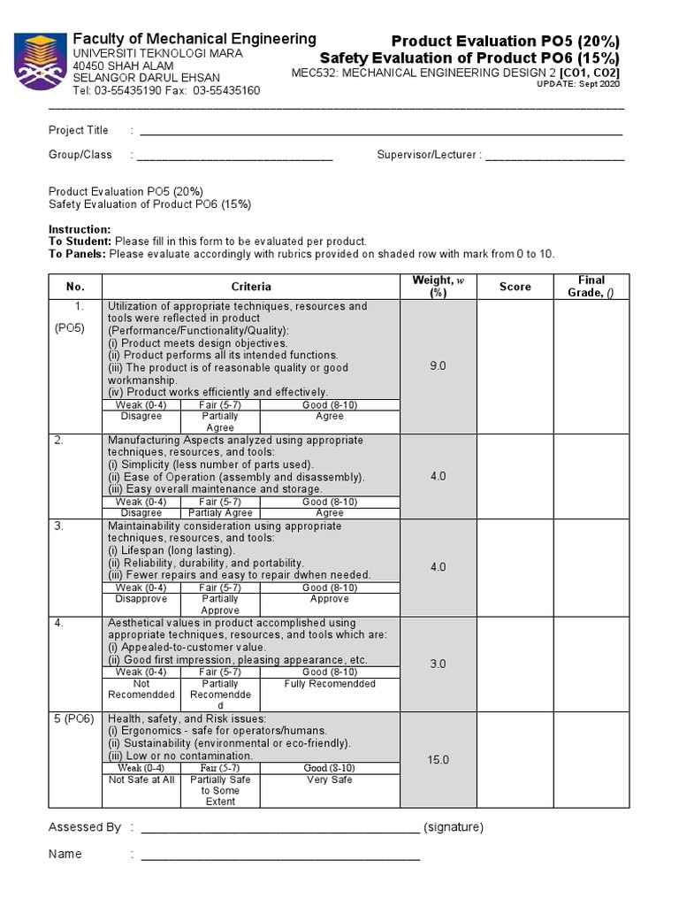 CO1 & CO2 PO5 & PO6 Product Evaluation & Safety Assessment and RubricsNEW | PDF | Business ...