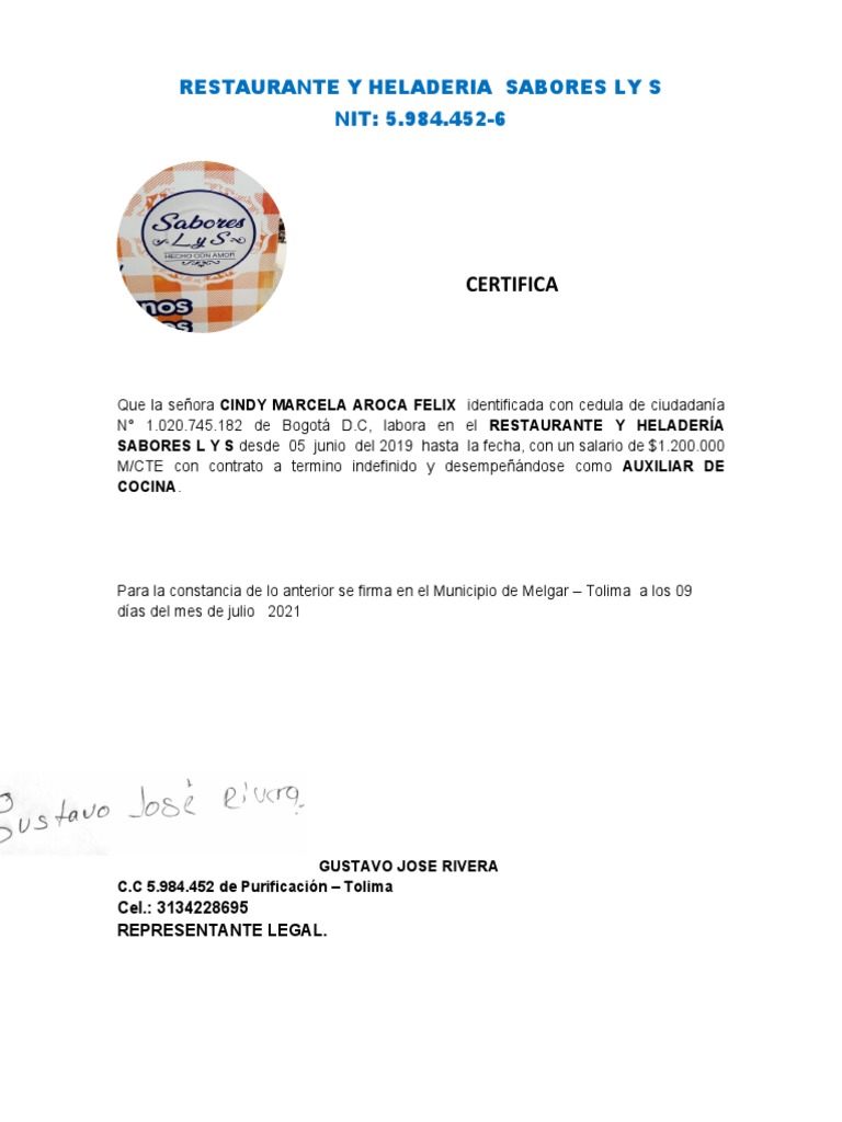 Certificado Laboral Cindy Marcela Aroca | PDF