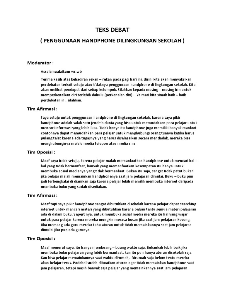 Teks Debat: (Penggunaan Handphone Dilingkungan Sekolah) | PDF