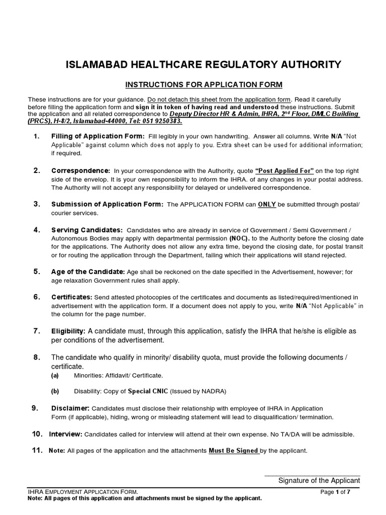 Islamabad Healthcare Regulatory Authority: Instructions For Application ...