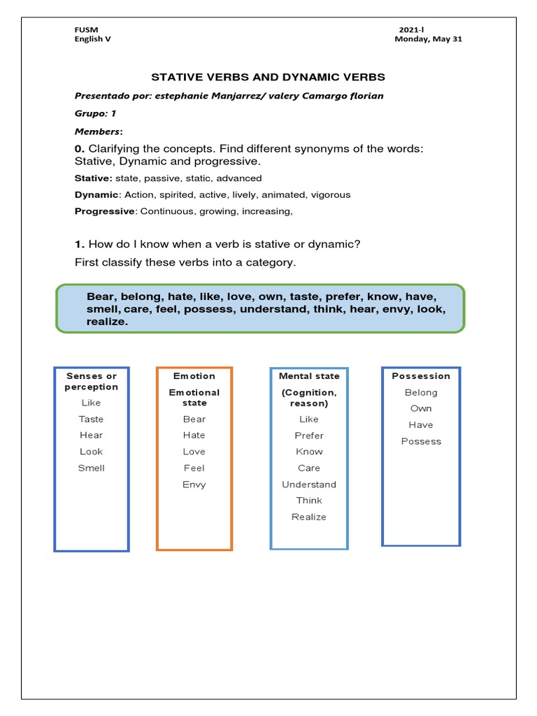 Stative and Dynamic Verbs Worksheet 1 | PDF | Conjugación gramatical ...